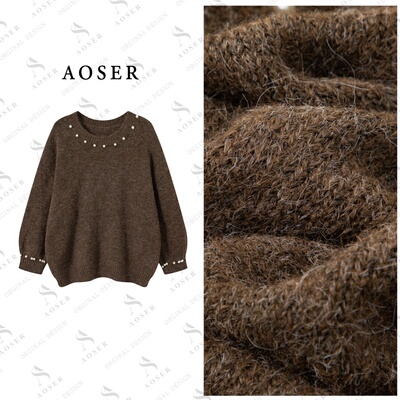 AOSER时尚百搭宽松休闲气质套头款带珠圆领针织衫女装25103