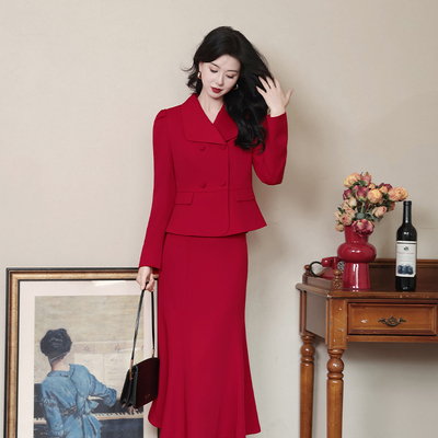十里红妆~春秋季红色新娘结婚裙装套装回门服两件套[外套+半身裙]