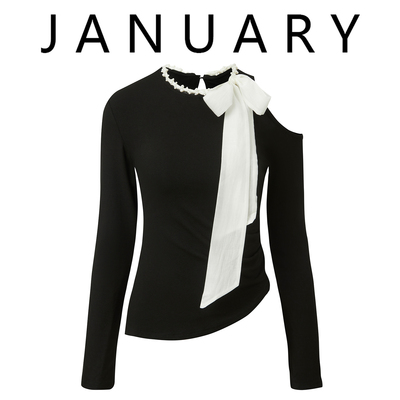 好穿搭新款设计感蝴蝶结露肩T恤