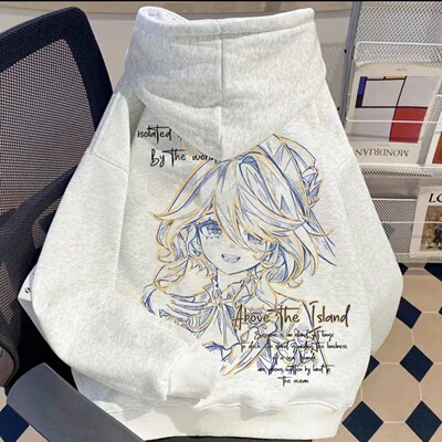 儿童芙宁娜印花连帽芙宁娜动漫卫衣二次元秋冬款中大童学生高级感