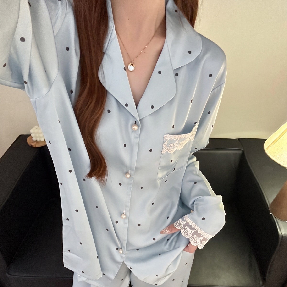 波点冰雪丝睡衣女春秋开衫长袖长裤高级感蕾丝可外穿家居服套装