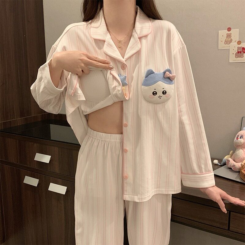 可爱卡通睡衣女带胸垫春秋开衫长袖长裤可外穿甜美舒适家居服套装