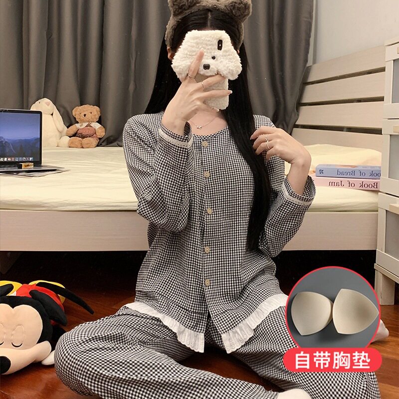 云朵棉色织格睡衣女带胸垫春秋开衫长袖长裤甜美可外出家居服套装