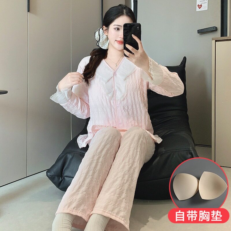 云朵棉睡衣女带胸垫春秋公主风长袖长裤甜美花边可外出家居服套装
