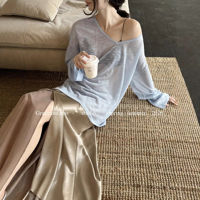 GRACETINAHOO春新法式麻感轻盈落肩糖果色简约V领针织衫ZA6285