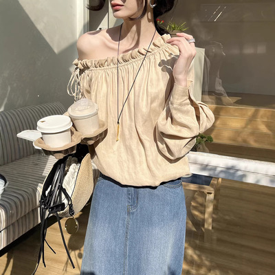 GRACETINAHOO春新法式复古铜氨斜肩抽褶抽绳设计条纹衬衫CSA075