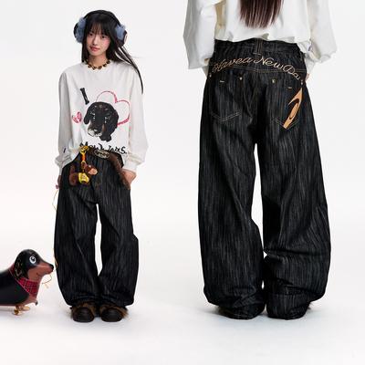 江南先生NewJNXS复古重磅斜纹撞色印绣花弯刀牛仔裤宽松休闲裤子