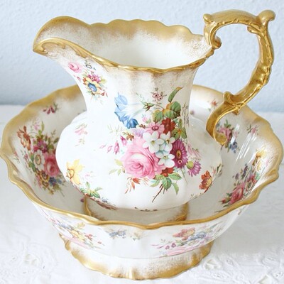 SOLD 1950年VTG英国Hammersley哈姆斯利精美浓厚镀金花卉奶罐大碗