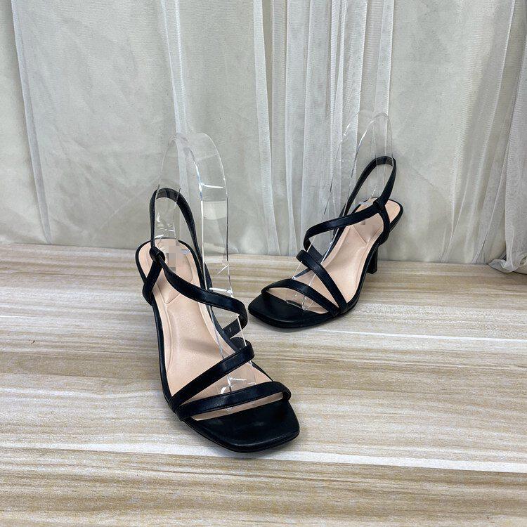 Lady Shoes外贸原单女鞋气质新款方头纯色细高跟细绳一字扣凉鞋