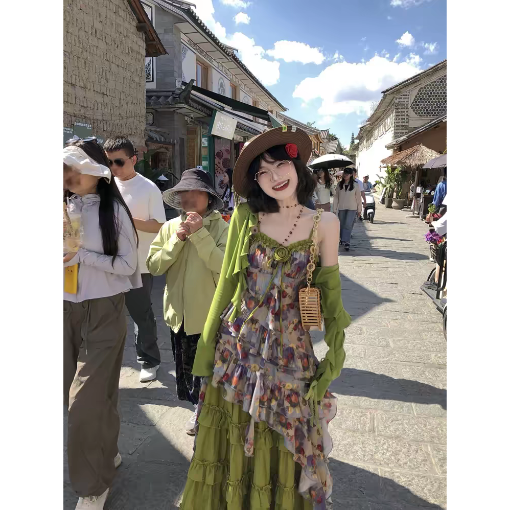ALITTLE 乱糟糟“绿野玫瑰岛”油画风层层叠叠碎花长裙三件套