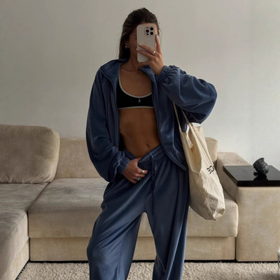 跨境外贸新款欧美休闲女士长袖开衫春秋运动服宽松阔腿长裤两件套