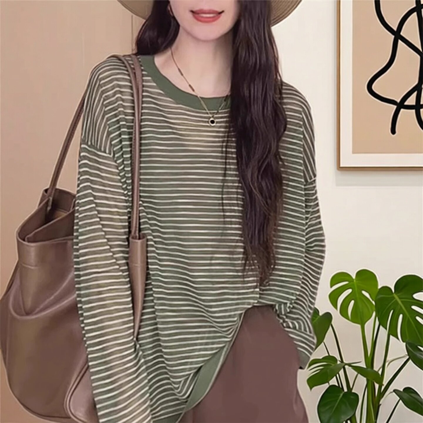 薄款条纹长袖t恤女2025夏季休闲宽松显瘦中长款圆领防晒罩衫上衣