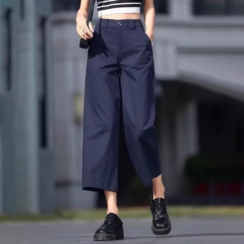 藏青色速干休闲裤女夏季宽松梨型身材直筒裤气质外穿显瘦阔腿裤子