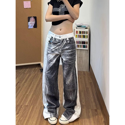 ALLFIT2021M闪电裂纹水洗黑牛仔裤直筒微喇叭磨破洞百搭长裤男