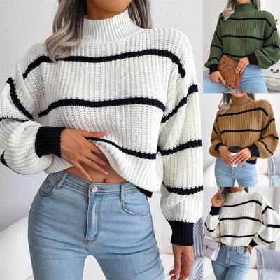 2023 casual striped lantern sleeve half turtlene knitted