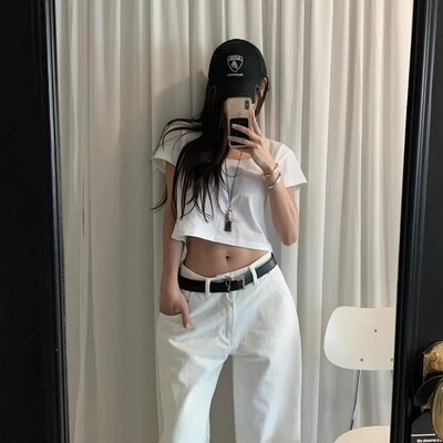 韩国圆领宽松短袖短款纯色T恤