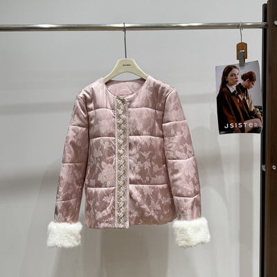 诺诺质新中式提花夹棉洋气钉珠保暖棉服外套(配可拆卸毛领)42551