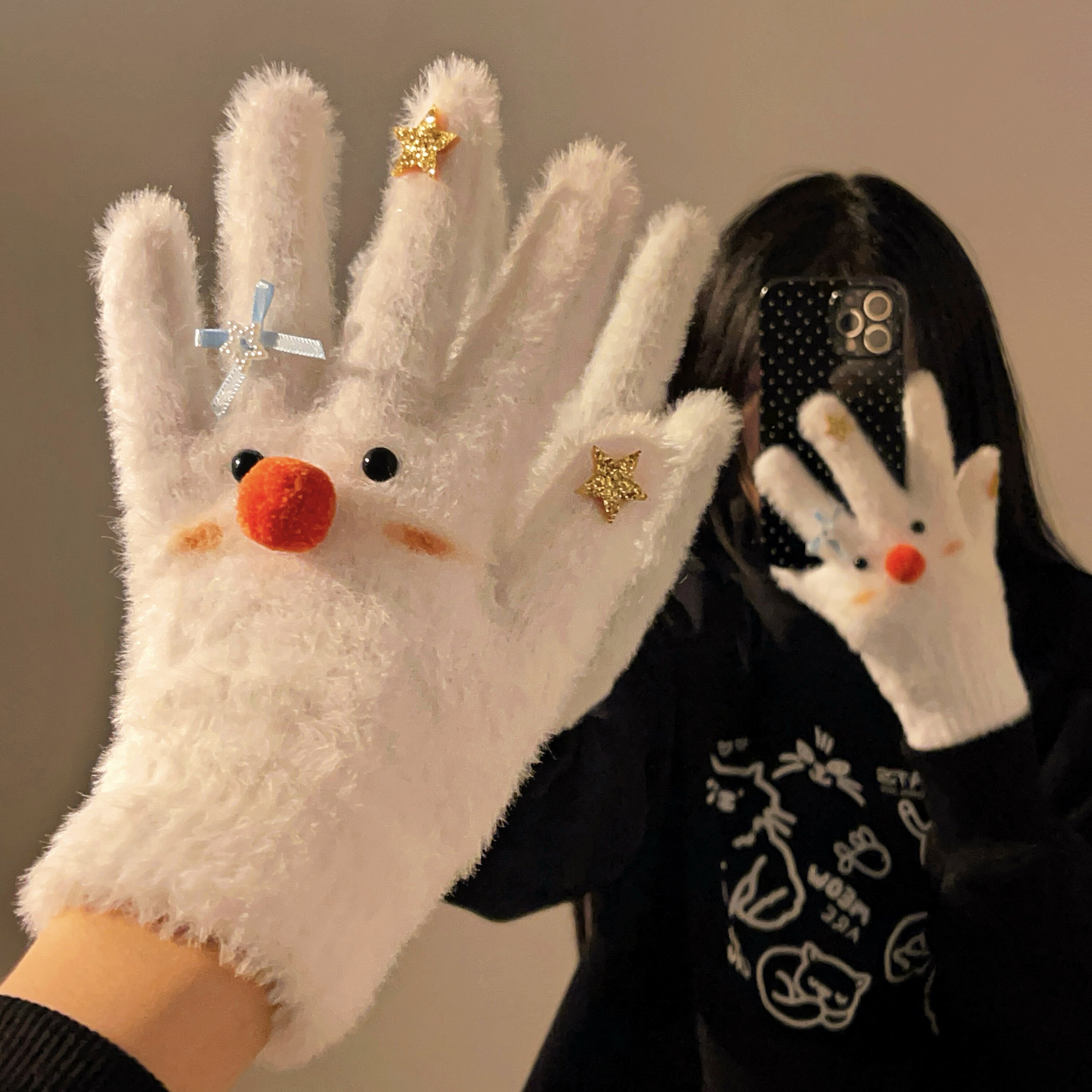 可爱小雪人手套可触屏毛绒针织五指手套女冬季保暖加绒加厚棉手套