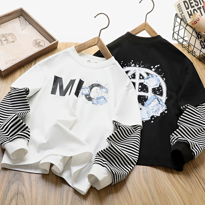 春季新款男童纯棉假两件长袖T恤