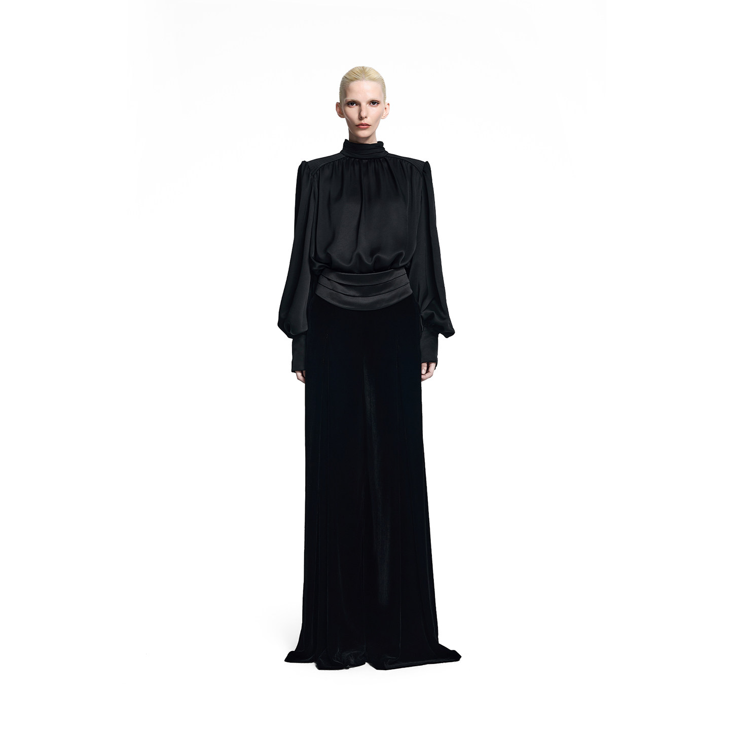 KUNSWEAR/琨丝薇尔26FA 轻奢缎面高领收褶衬衫长袖上衣 846004330