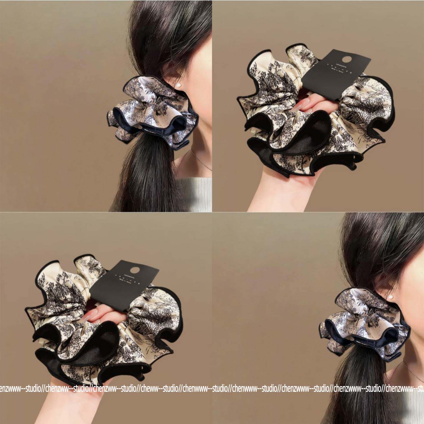 水墨画缎面褶皱大肠发圈女高级感气质低马尾头绳弹文化创意手环