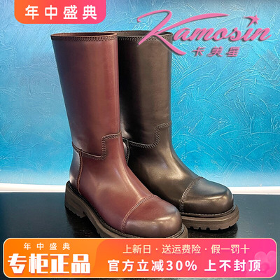 正品卡美星女鞋热销冬新款圆头牛皮中跟粗跟中筒靴KMAZ43D28002