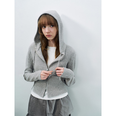 Hello September 休闲圈圈棉连帽简约百搭纯色短款针织开衫H60366