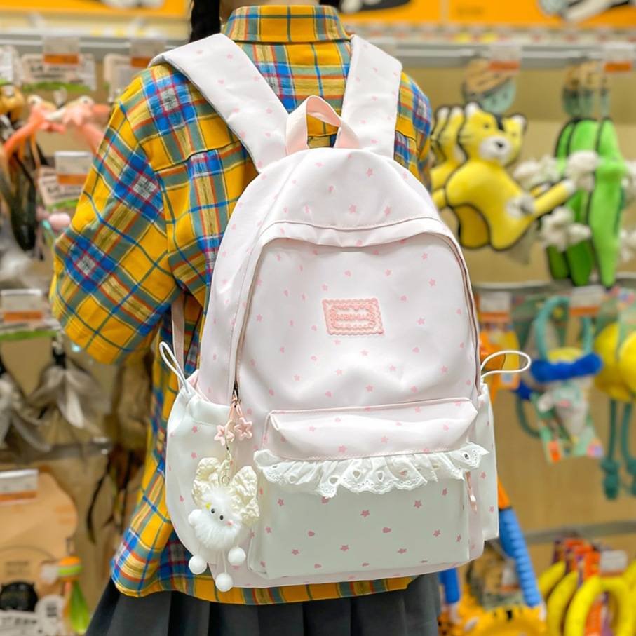 官方正品浅粉色韩系ins学院风波点高颜值中学生双肩包甜美花边软