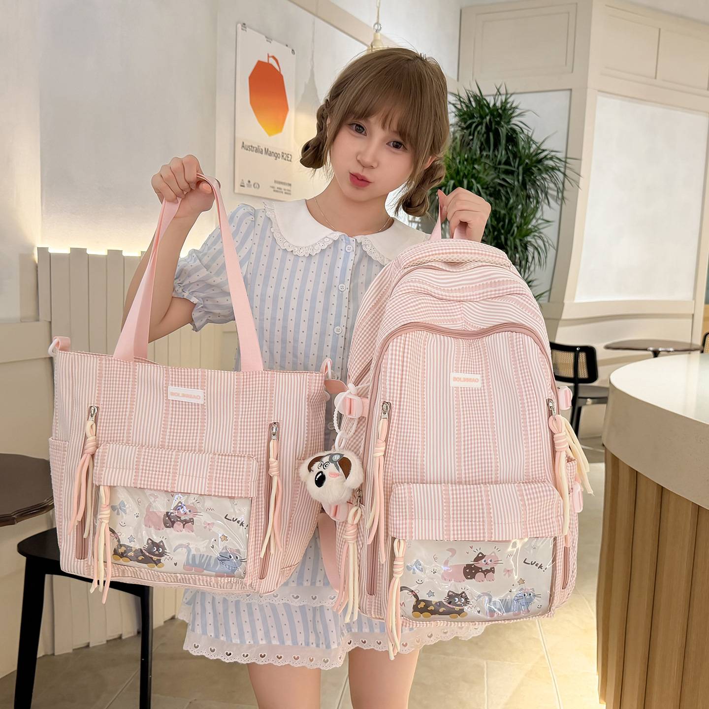 官方正品新款韩系奶甜元气条纹透明痛层背包少女心多隔层小学生百