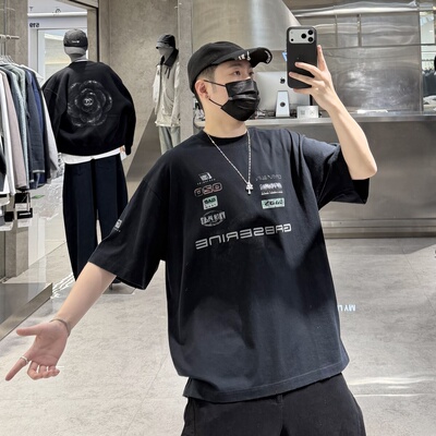 潮牌26春夏短袖T恤男ins美式巴黎风做旧字母印花宽松青年薄款半袖
