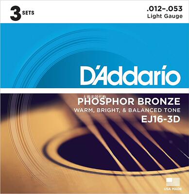 美国 D'Addario EJ16-3D Phosphor Bronze Guitar Strings, Light