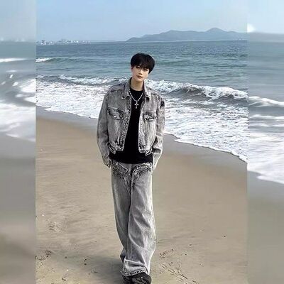 搭男生搭高街短款穿牛仔外套美式
