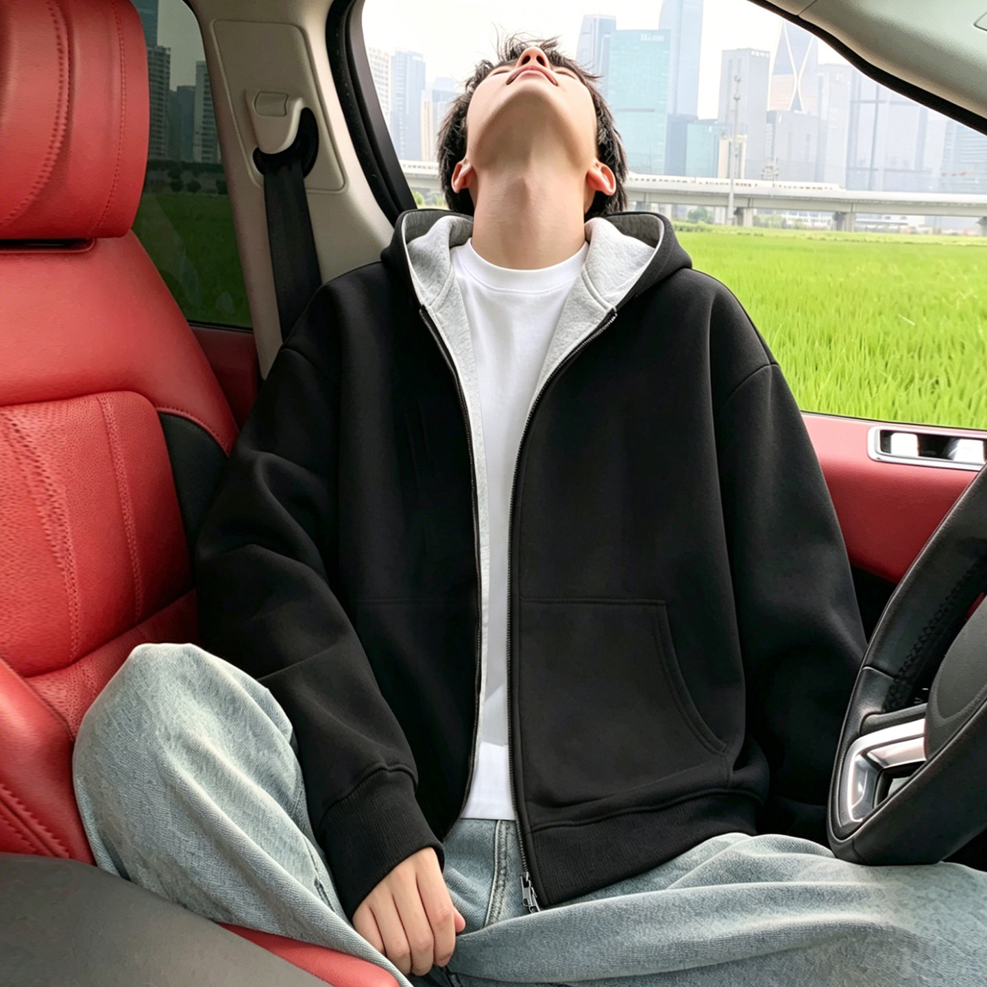 双拉链开衫卫衣男春秋季美式复古百搭纯色连帽外套情侣宽松衣服潮