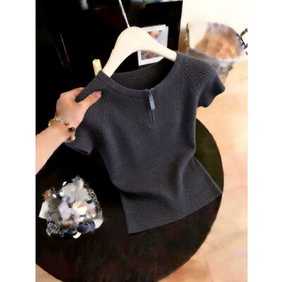 半拉链短袖针织衫女时尚显瘦上衣