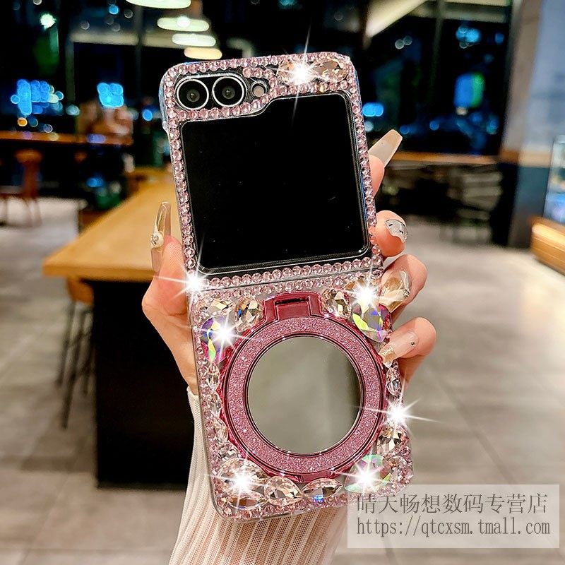 适用于三星galaxyzflip7手机壳新款zflip6折叠屏幕w25flip全包边防摔w24flip补妆镜子支架zflip5镶钻带挂绳女
