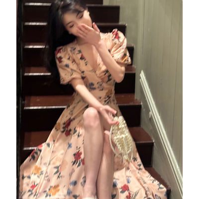 DAC 【繁花】春夏新品一片式绑带V领泡泡袖复古浪漫连衣裙长裙女