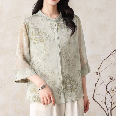 优雅气质国风印花中袖纱袖女上衣