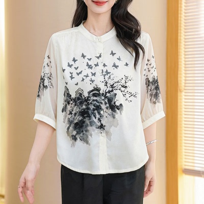 圆领纱袖盘扣新中式真丝女装上衣