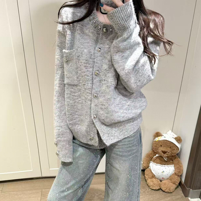 King Prince春季新款灰色彩点镶钻毛衣外套女miu系针织开衫上衣