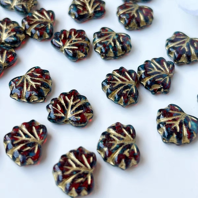 进口捷克琉璃珠13x11mm毕加索红色描金枫叶珠串珠手作材料配件