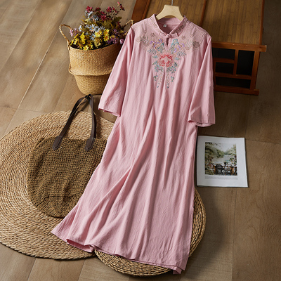 欧货中袖刺绣棉麻秋冬装贵夫人