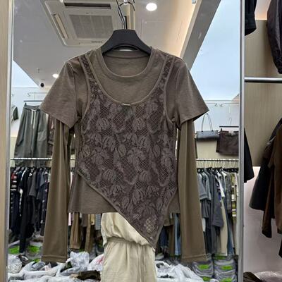 欧洲站2026早秋新款欧货圆领拼接蕾丝假两件层次感T恤女3795