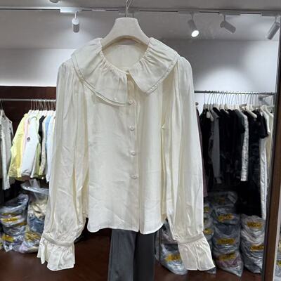 欧洲站2026新款欧货法式温柔娃娃领洋气喇叭袖百搭长袖衬衫15123