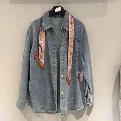 欧洲站2026新款韩版卡通机器猫刺绣翻领休闲减龄牛仔衬衫潮26310