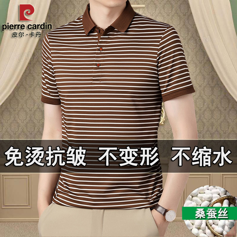 皮尔卡丹男士短袖t恤夏季新款翻领条纹polo衫高端带领半袖体恤男T