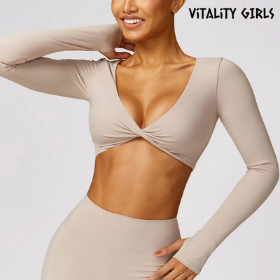 Vitality Girl云感长袖瑜伽服速干深V性感紧身舞蹈上衣带胸垫外穿