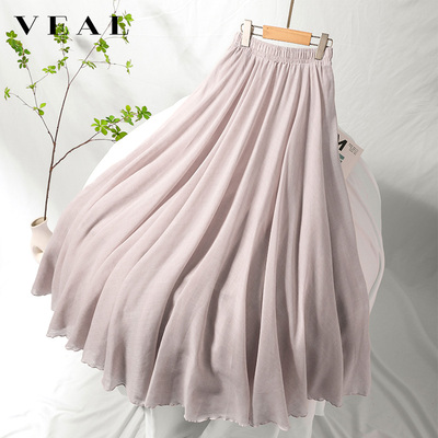 高腰长裙A型棉麻风松紧腰半身裙
