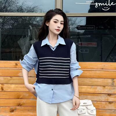 拼接针织毛衣假两件内搭叠穿衬衫女2025年春秋新中长款上衣学院风