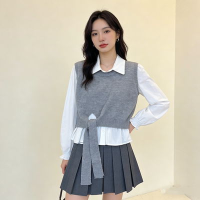 2026春季新款职场通勤风收腰系带针织马甲+POLO领衬衫女气质套装