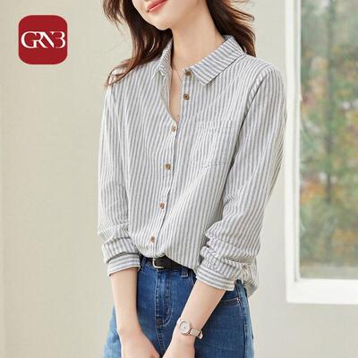GRNB2026春夏新款竖条纹纯棉衬衫女长袖时尚洋气显瘦有型衬衫上衣
